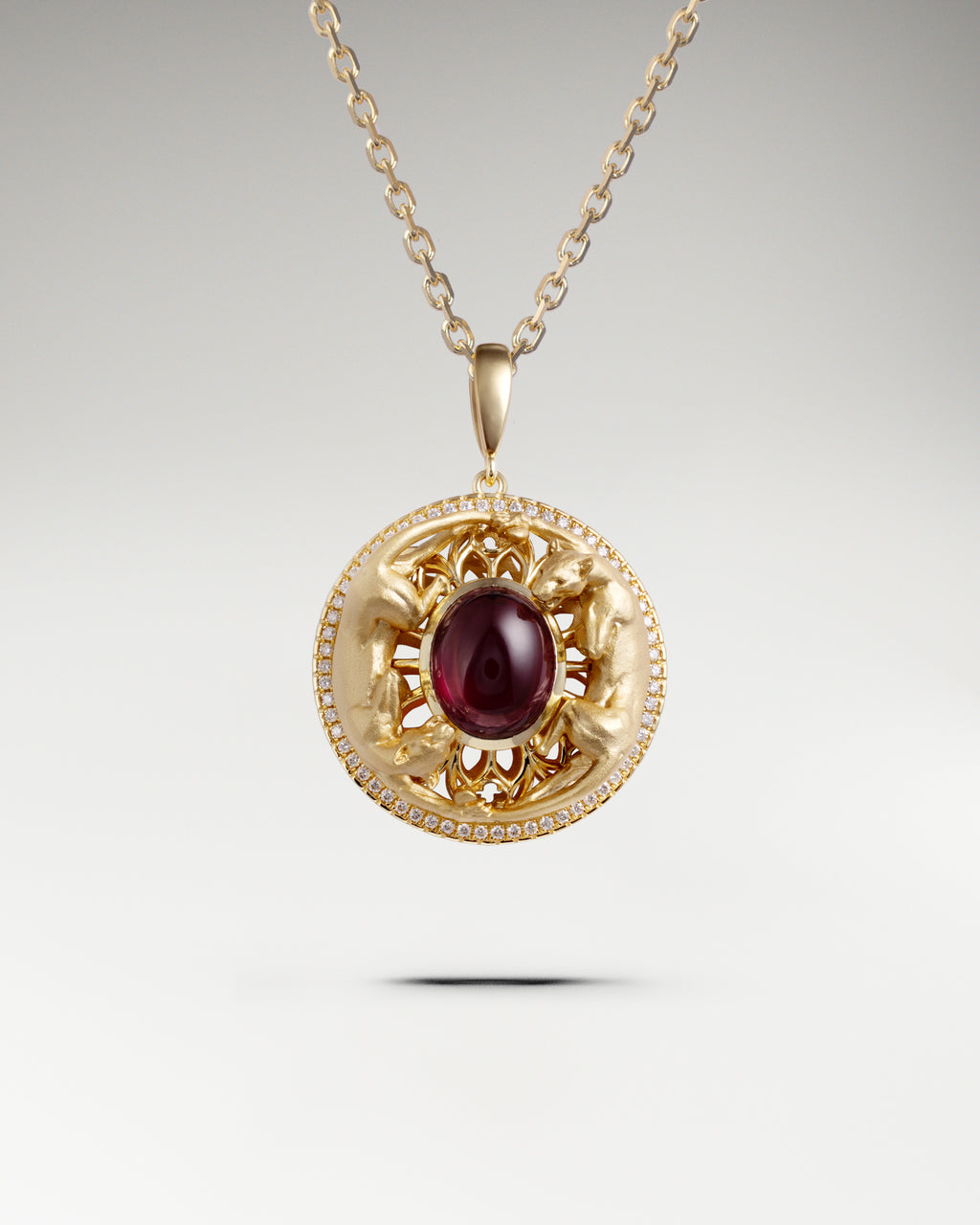 Twin Panthers Medallion Pendant Necklace In Gold Vermeil With Garnet ...